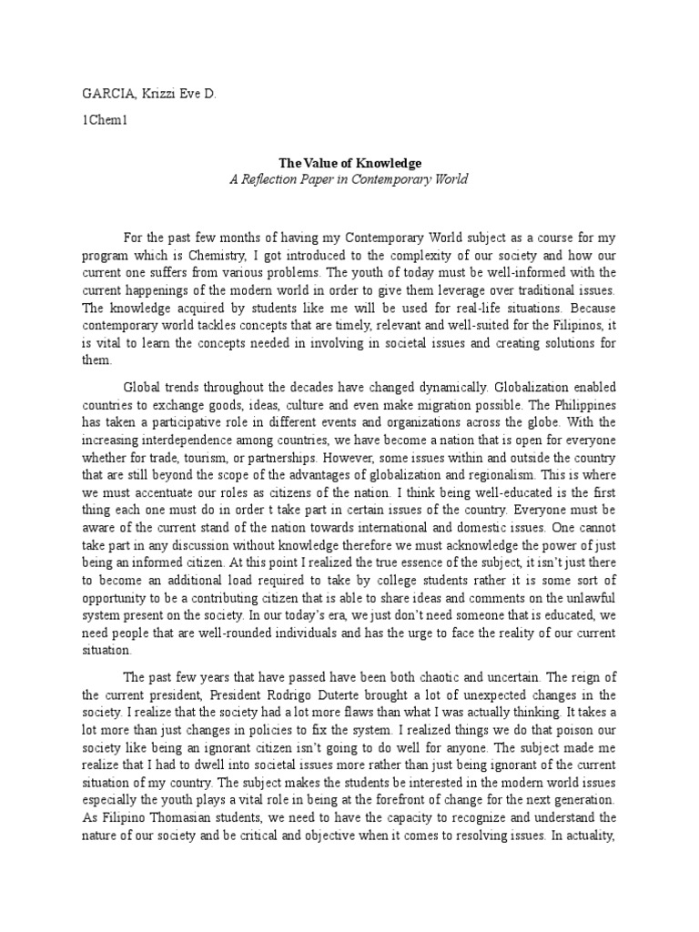 Reflection Paper CONTEMP | PDF | Globalization | Society