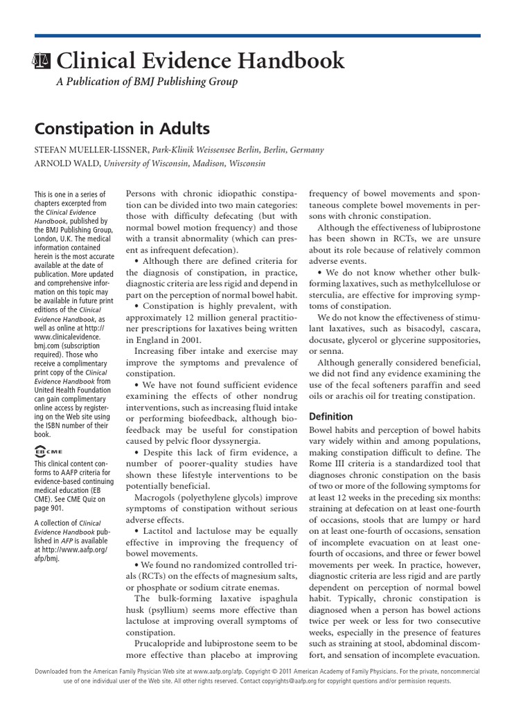 Clinical Evidence Handbook: Constipation in Adults | PDF | Constipation ...