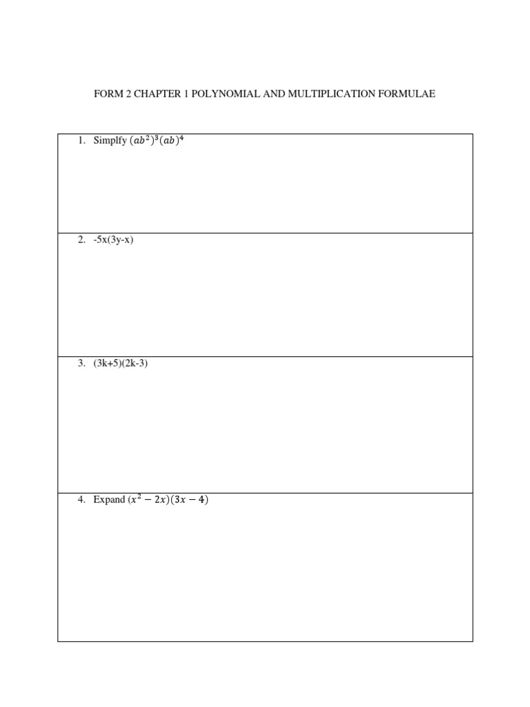 Form 2 Chapter 1 Polynomial and Multiplication Formulae | PDF