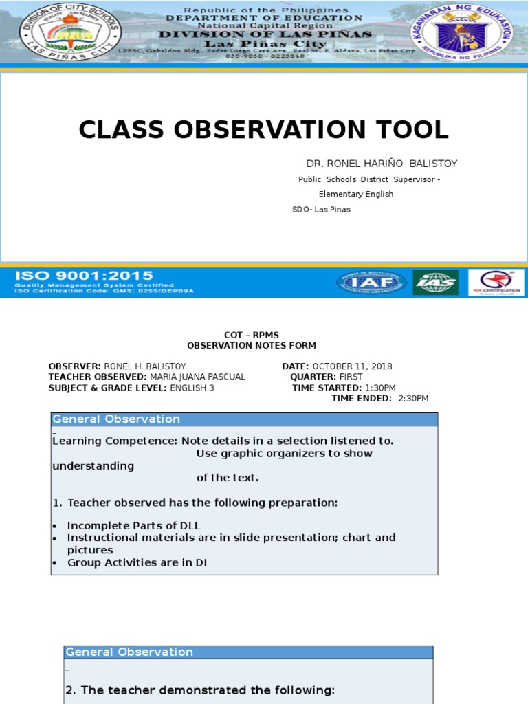 Class Observation Tool: Dr. Ronel Hariño Balistoy | PDF | Teachers ...