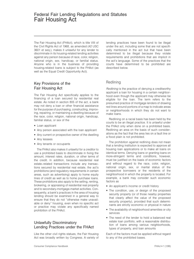 Fair Housing Act: Key Lending Regulations | PDF | Housing ...