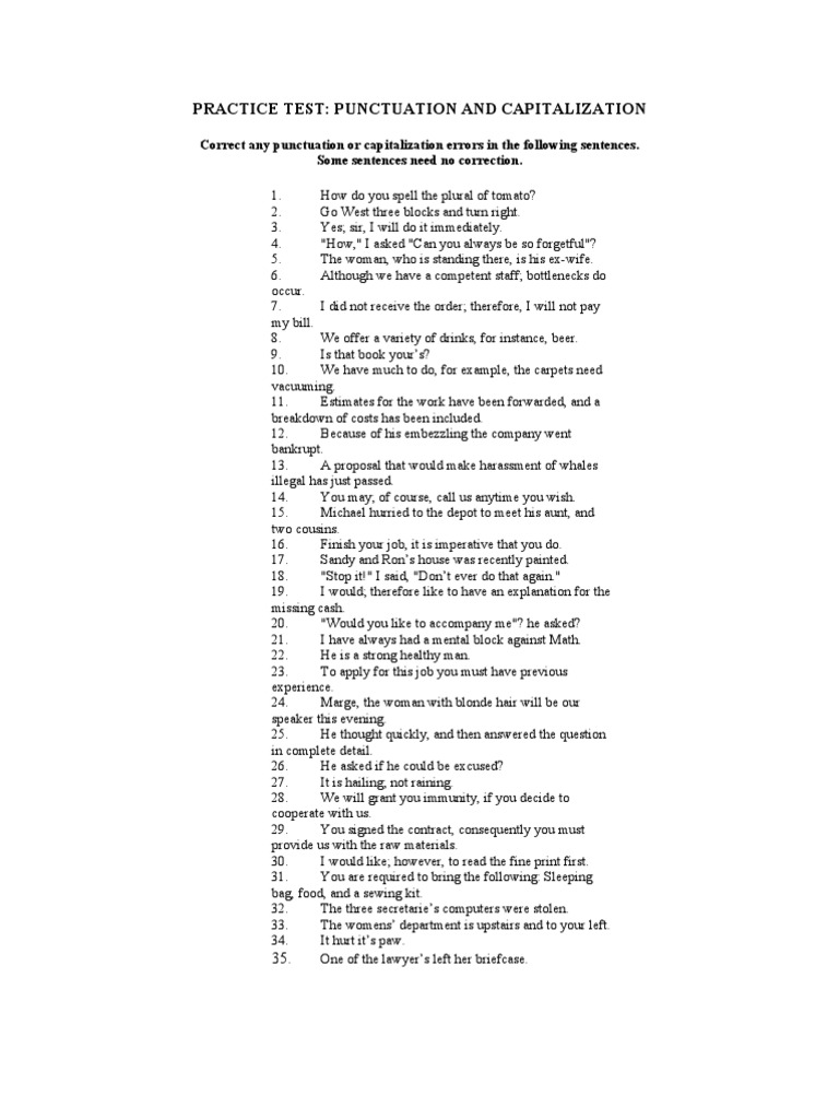 Practice test punctuation and capitalization | PDF