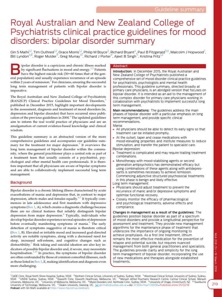 RANZCP - Practice Guidelines Mood Disorder | PDF | Bipolar Disorder | Mania