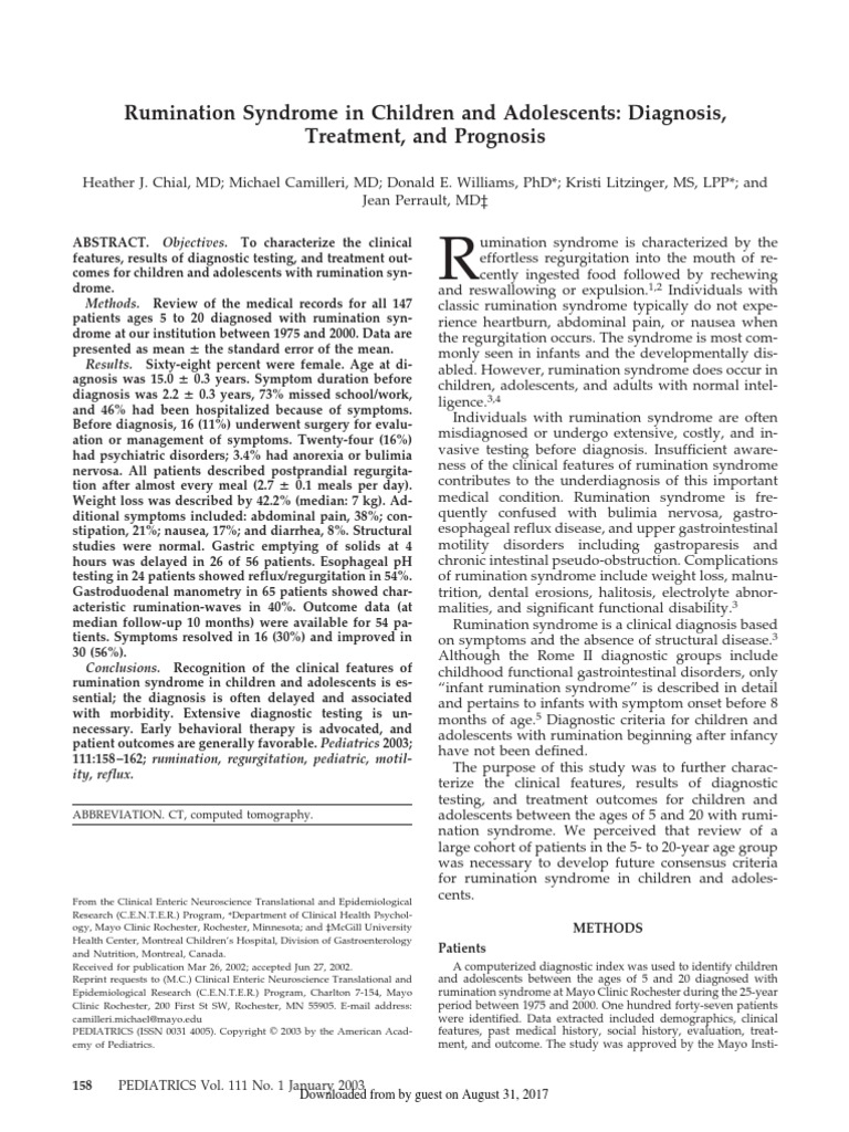 Rumination Syndrome in Children and Adolescents: Diagnosis, Treatment, and Prognosis | PDF ...