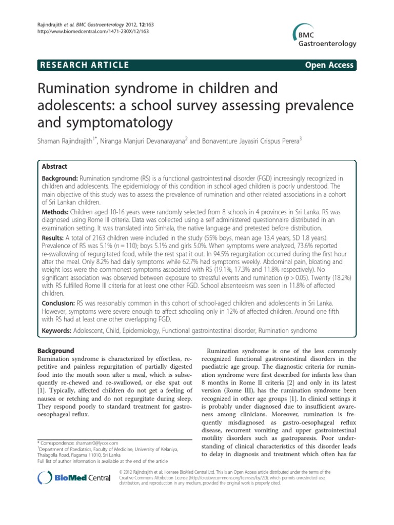 Rumination Syndrome in Children and Adolescents: A School Survey Assessing Prevalence and ...