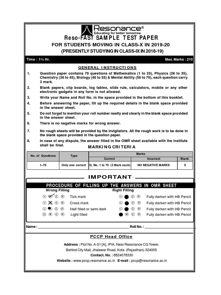 Reso-Fast Sample Test Paper: For Students Moving in Class-X in 2019-20 ...