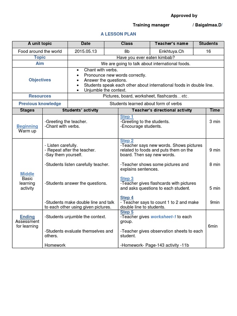 A Lesson Plan: Approved by Training Manager / Baigalmaa.D | PDF ...