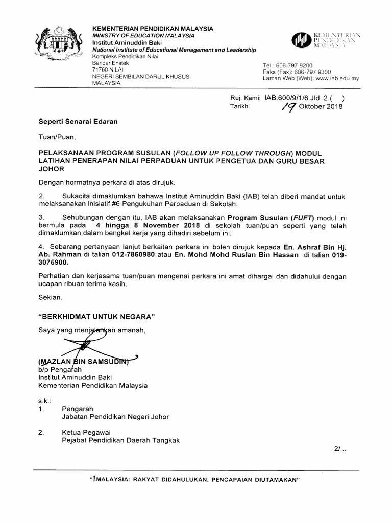 Surat FUFT Johor PPD Tangkak | PDF