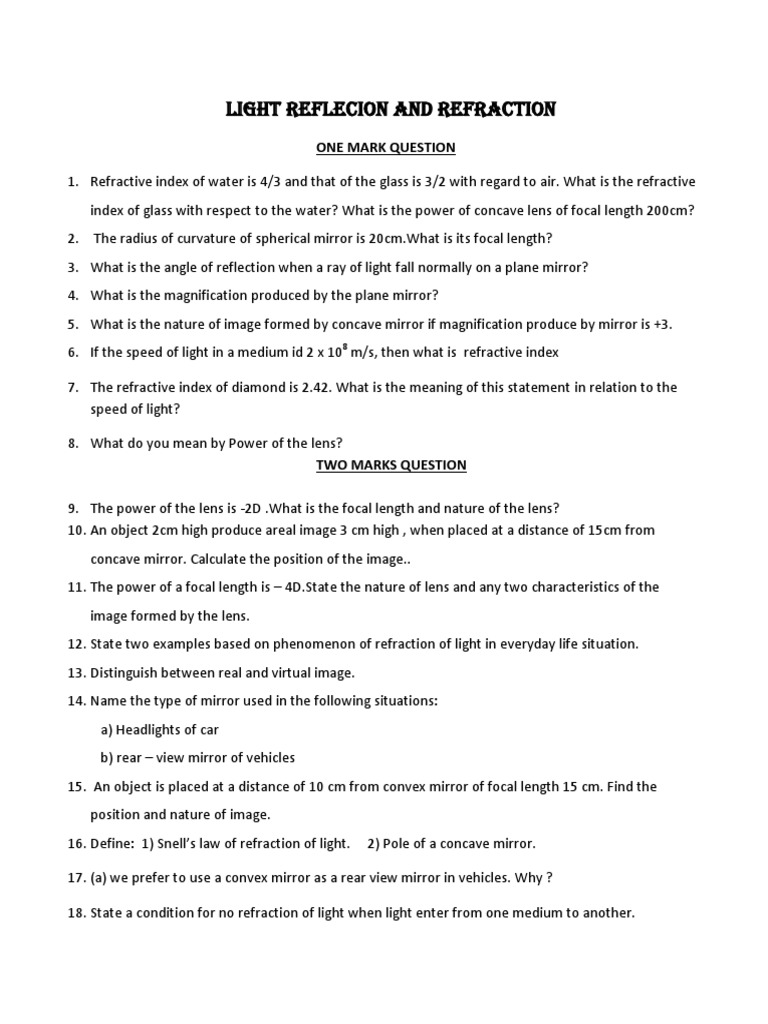 Light Reflection & Refraction Q&A | PDF | Lens (Optics) | Atomic