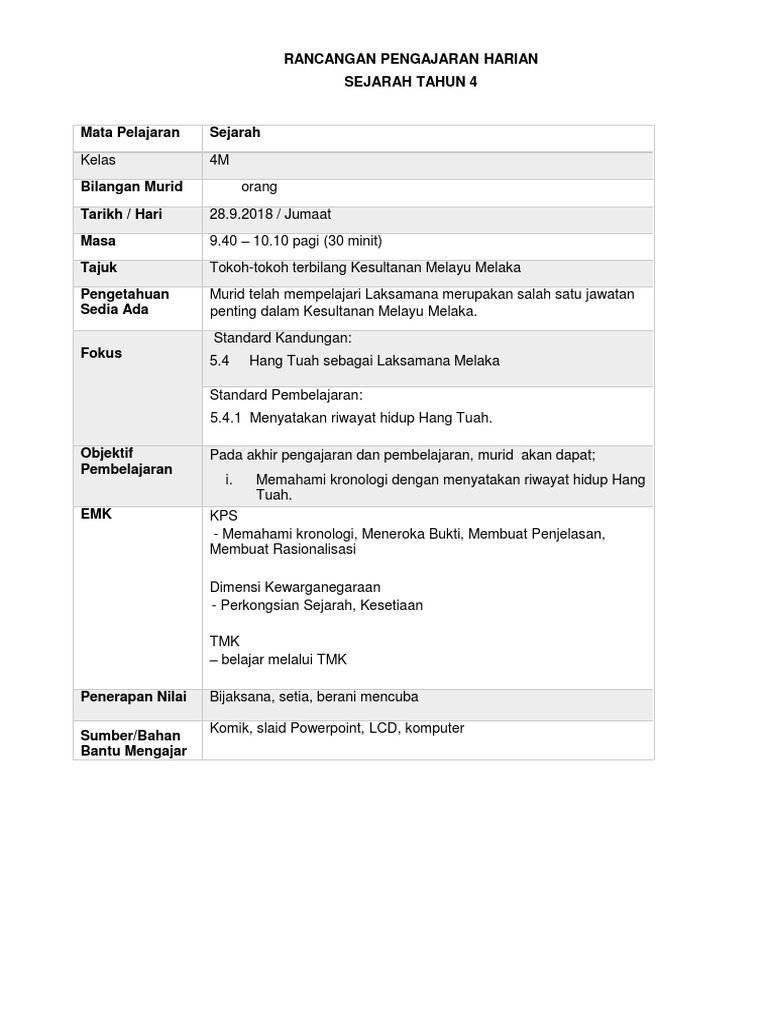 RPH Tahun 4 Hang Tuah | PDF