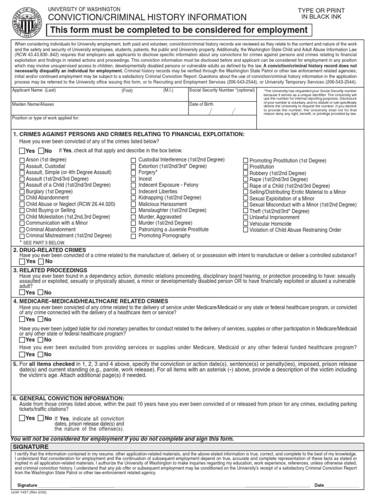 This Form Must Be Completed To Be Considered For Employment: Conviction ...