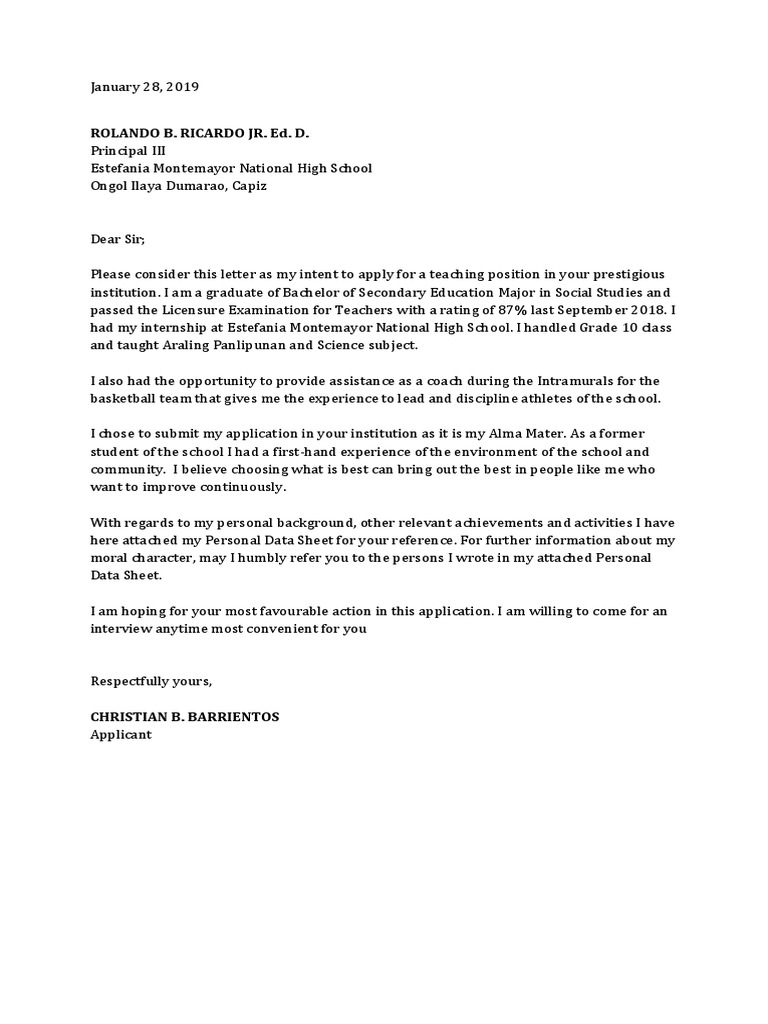 Application Letter Christian Barrientos | PDF | Teachers | Cognition