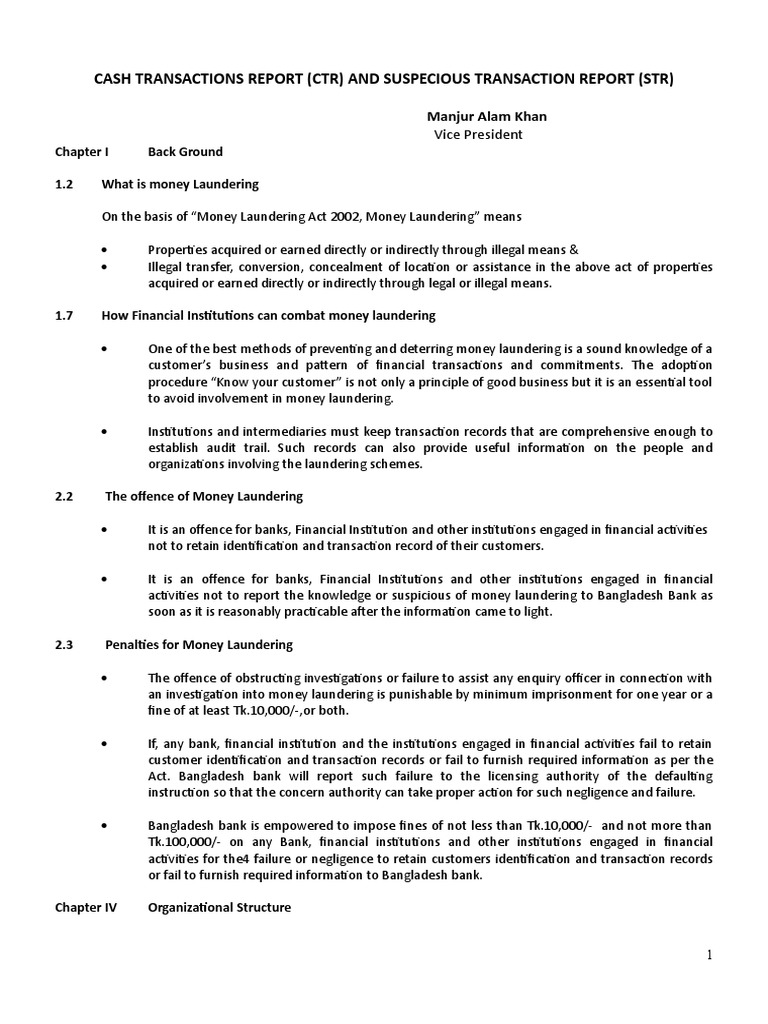 Cash Transactions Report (CTR) and Suspecious Transaction Report (STR ...