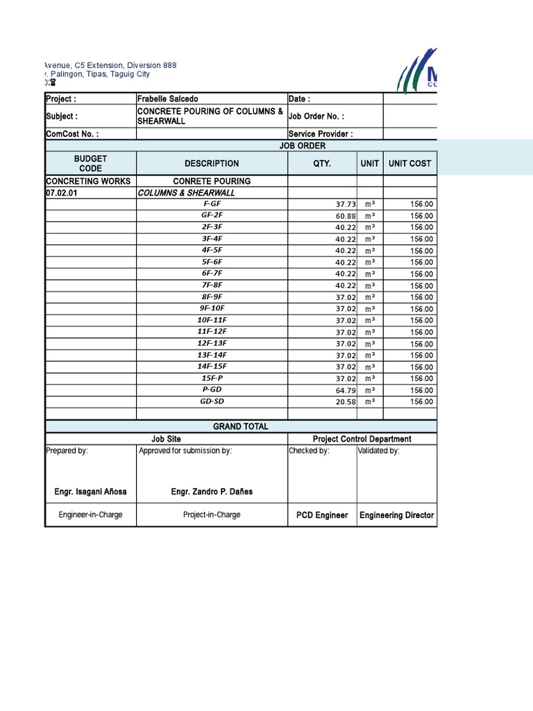 JOB ORDER Concreting 2 | PDF | Structural Engineering | Nature