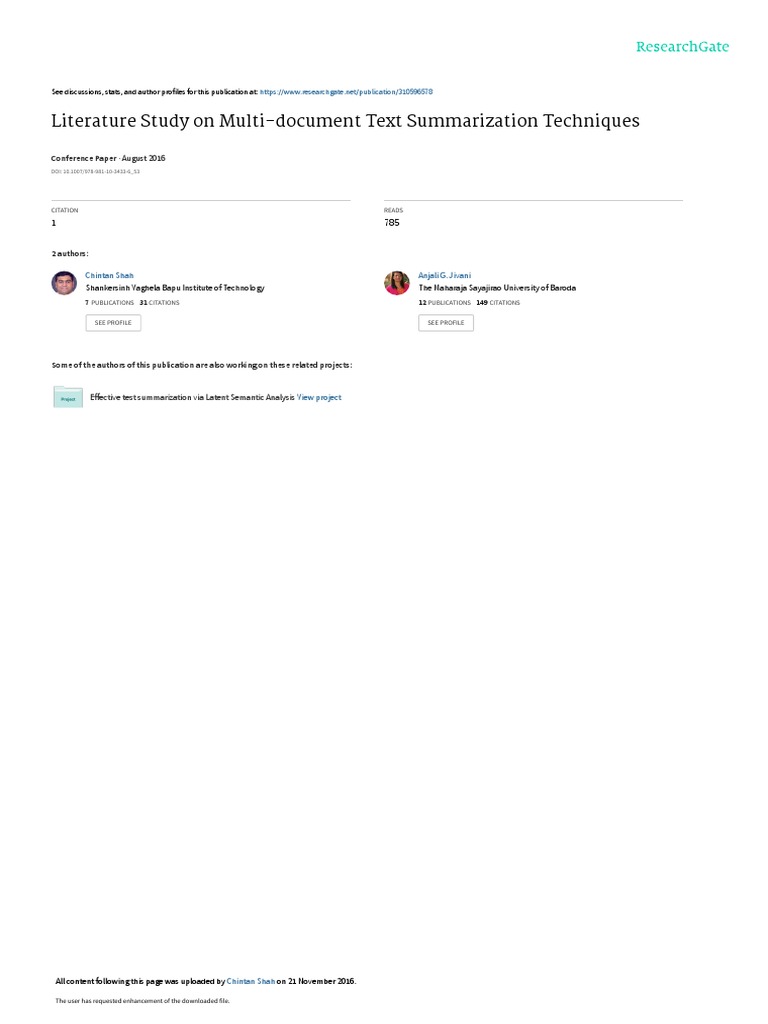 Literature Study On Multi-Document Text Summarization Techniques | PDF | Cluster Analysis ...
