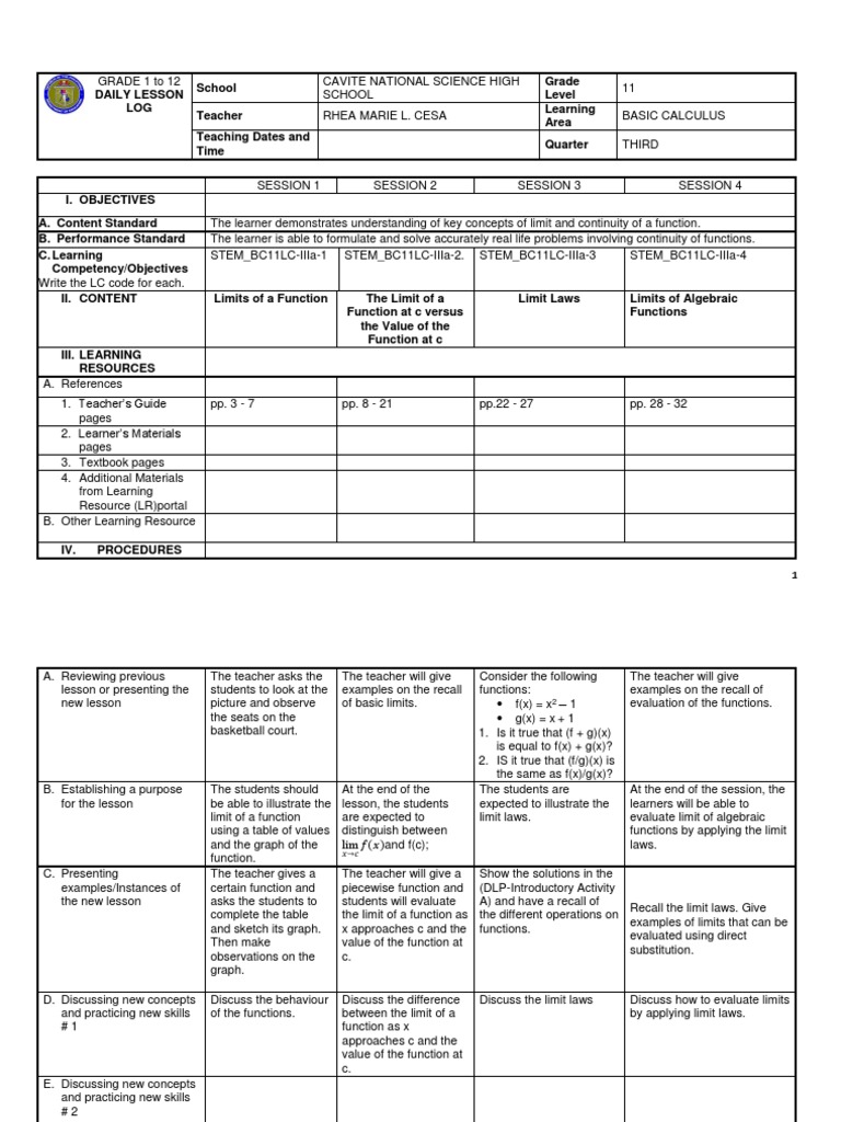 Calculus DLL Week 1 | PDF | Function (Mathematics) | Teachers