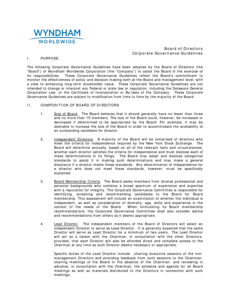 Wyndham Corporate Governance Guidelines | PDF | Board Of Directors ...