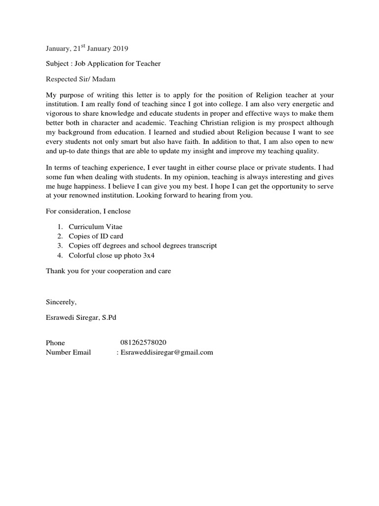 Application Letter As Religion Teacher | PDF | Bachelor's Degree | Teachers