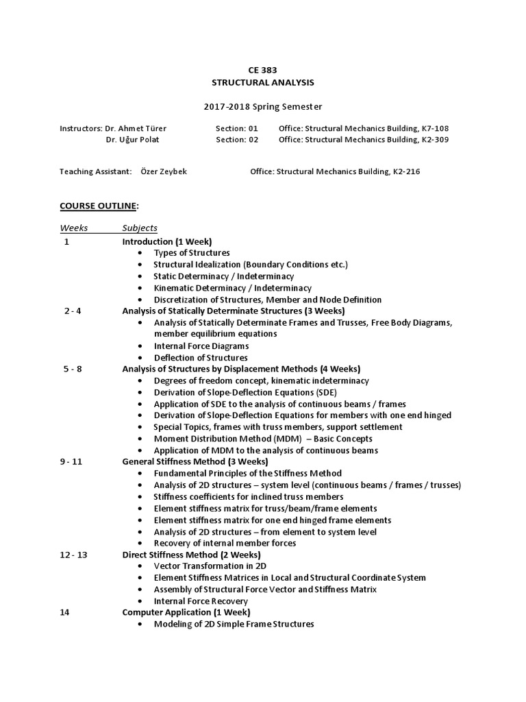 CE 383 Course Outline Spring 2017 2018 | PDF | Truss | Mechanical ...