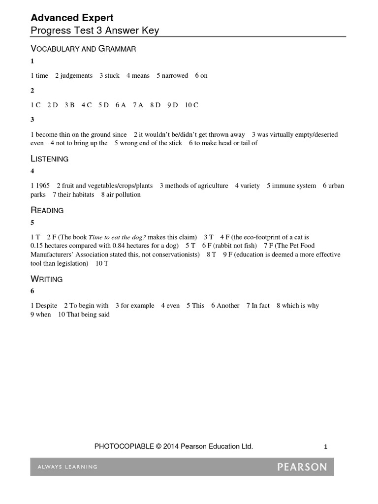 Progress Test 3 Answer Key: Advanced Expert | PDF