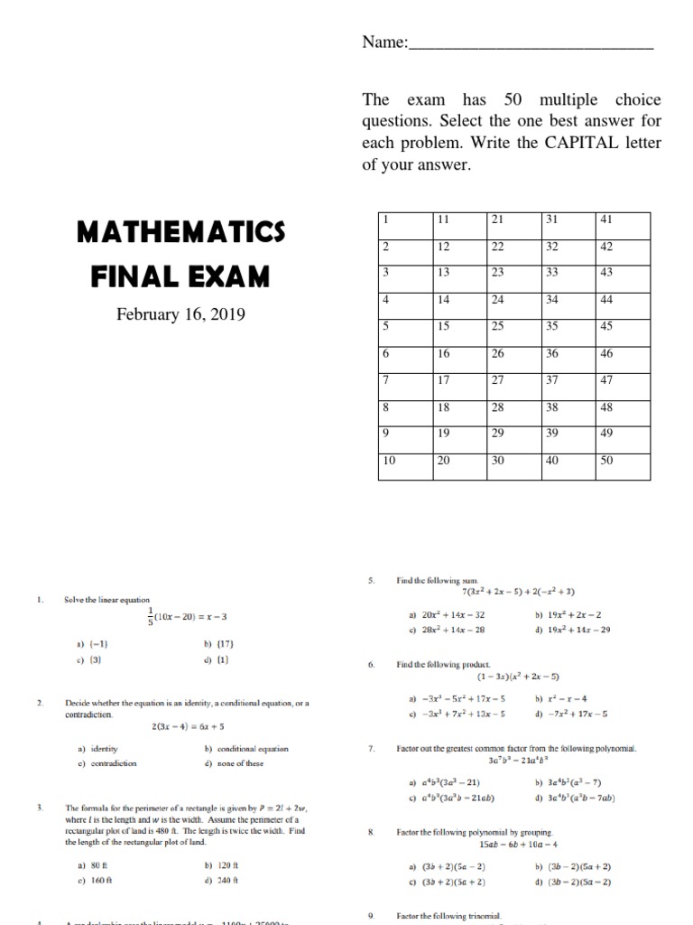 Mathematics Final Exam: Name | PDF