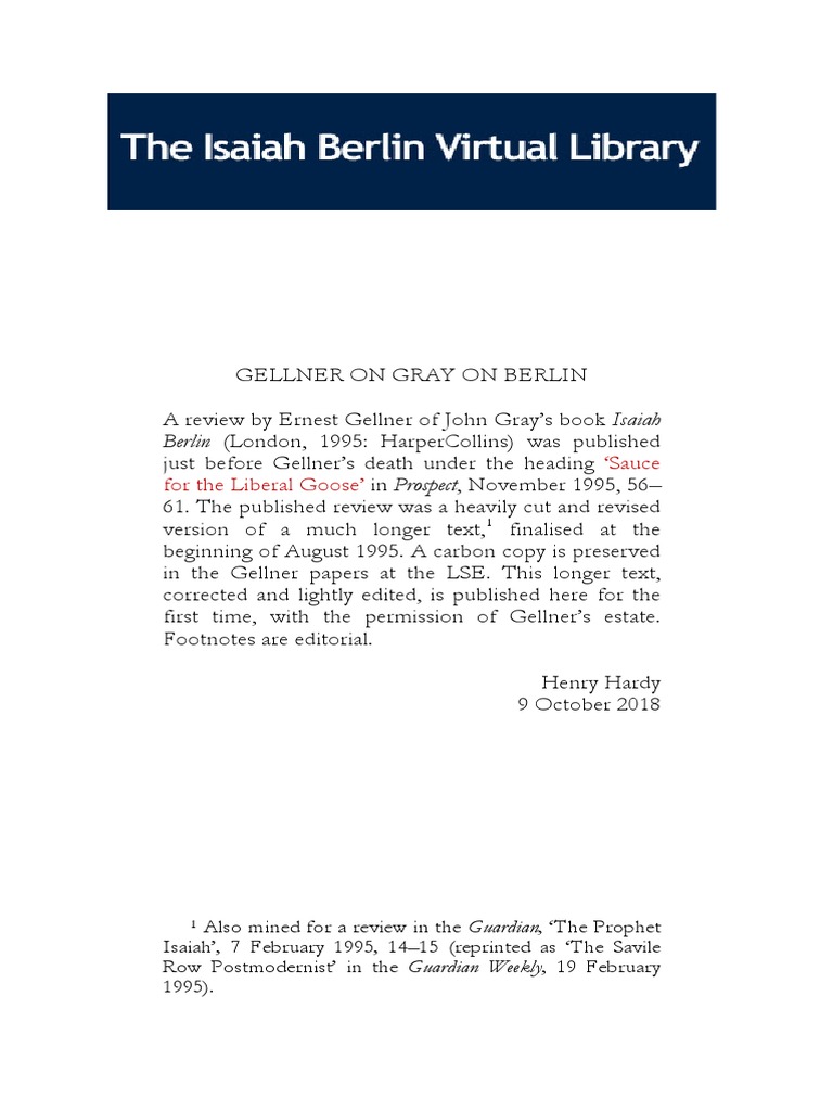 GELLNER, Ernst. Isaiah Berlin by John Gray | PDF | Relativism | Liberalism