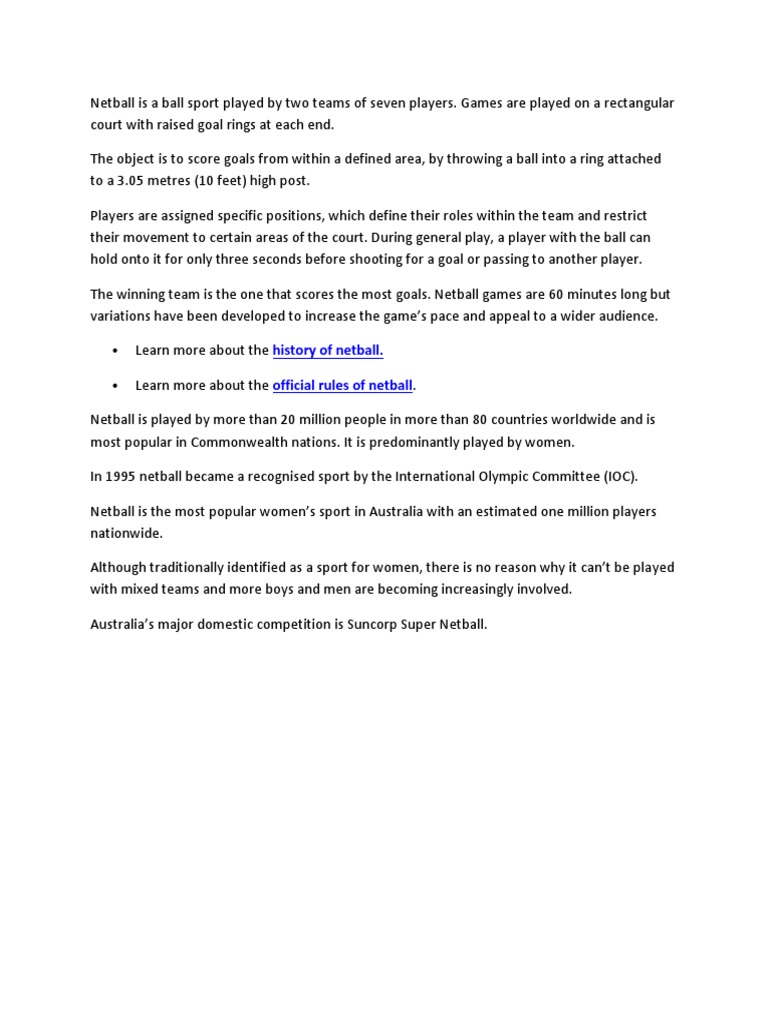 History of Netball. Official Rules of Netball | PDF
