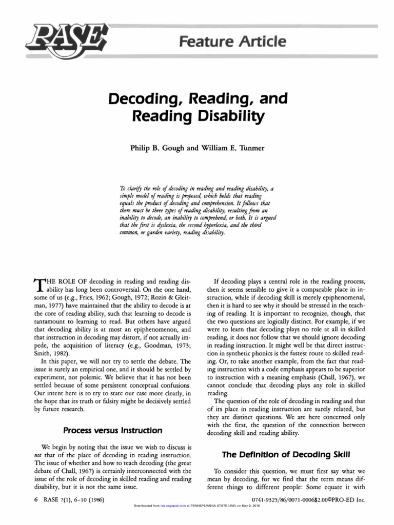 Slac-literacy-Decoding, Reading, and Reading Disability-Gough & Tunmer | PDF | Dyslexia ...