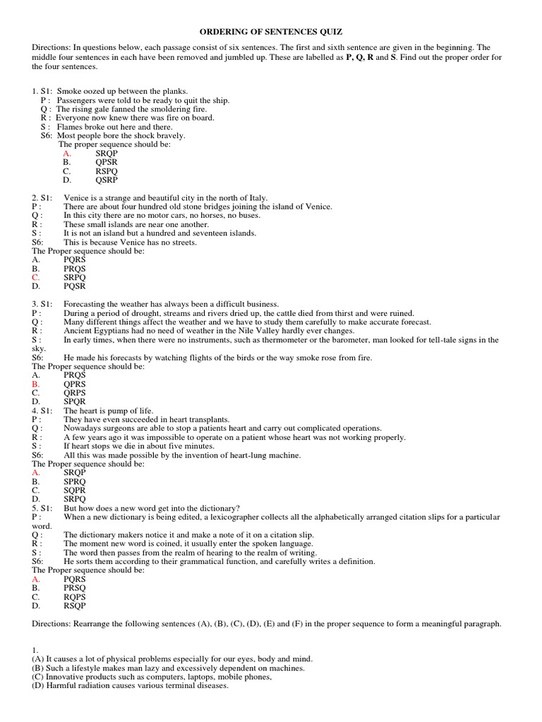 Ordering of Sentences Quiz | PDF | Facebook | Paragraph