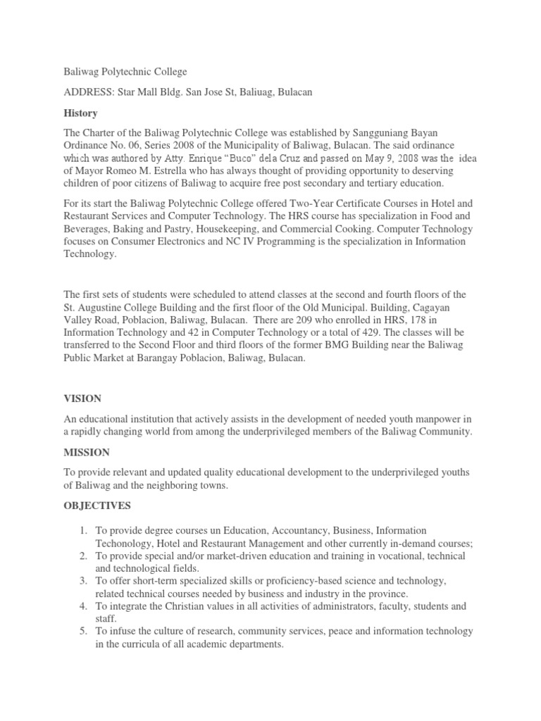 Baliwag Polytechnic College | PDF | Bachelor's Degree | College
