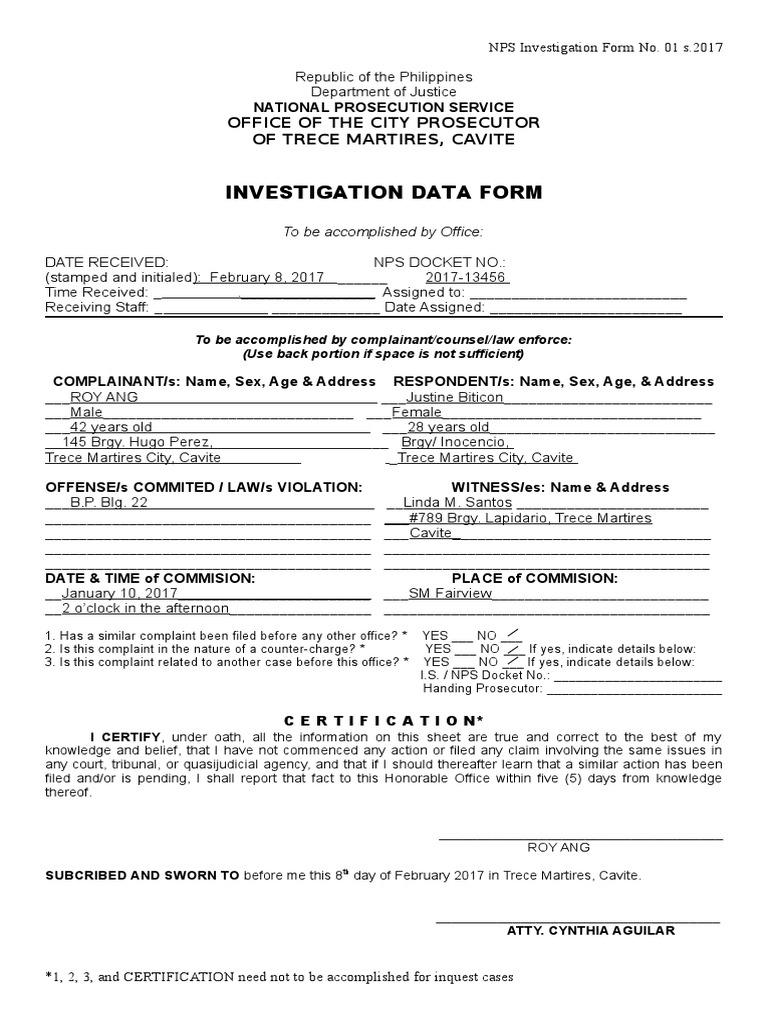 Investigation Data Form | PDF | Prosecutor | Complaint