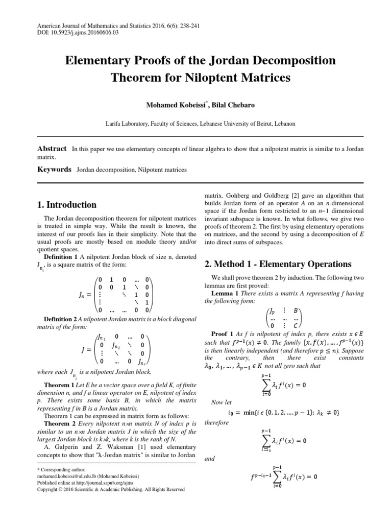 Elementary Proofs of The Jordan Decomposition Theorem For Niloptent ...