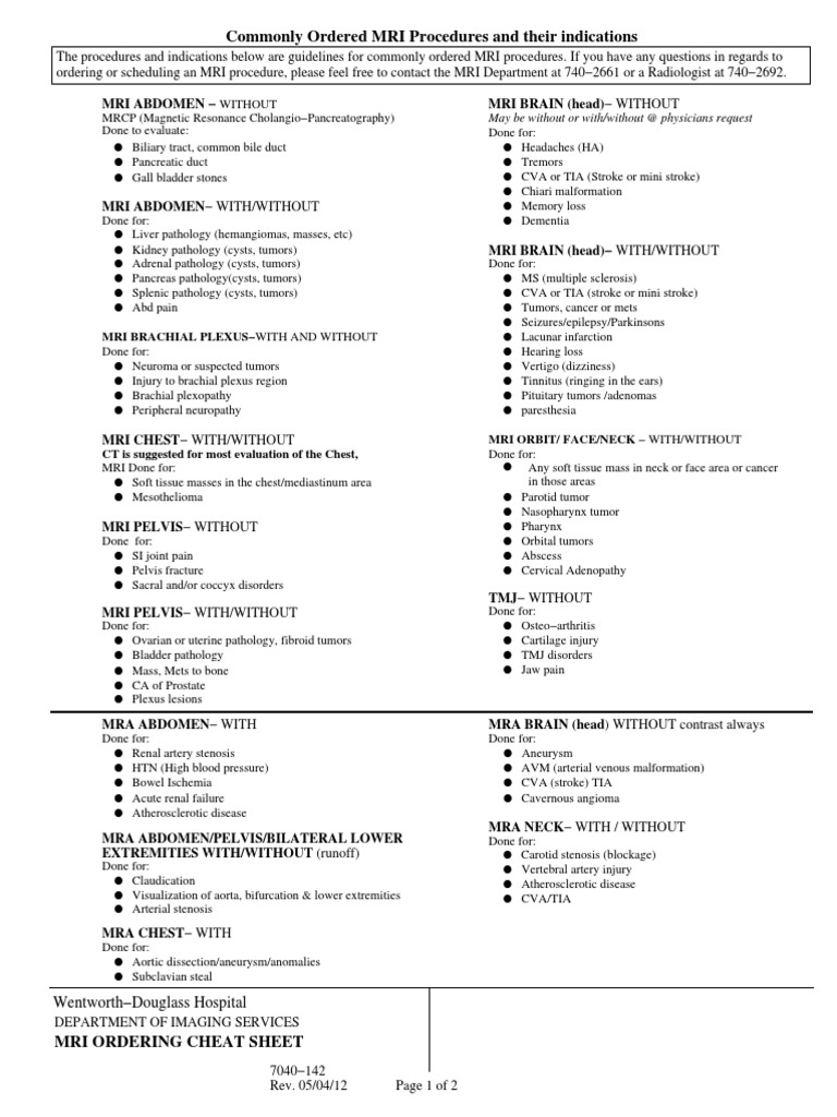 RAD MRI Cheat Sheet | PDF | Back Pain | Diseases And Disorders