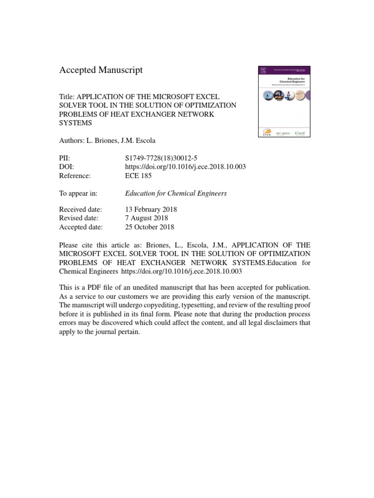 Application of The Microsoft Excel Solver Tool in The Solution of Optimization Problems of Heat ...