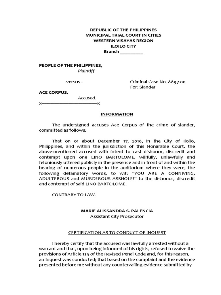 Iloilo Slander Case: Ace Corpus Charged | PDF