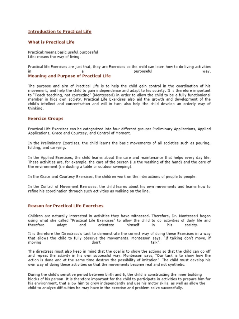 Introduction To Practical Life | PDF | Intelligence | Montessori Education