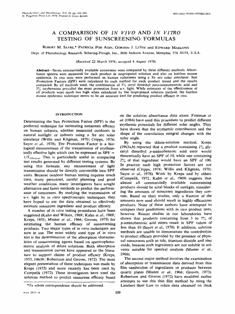 A Comparison of In Vivo and In Vitro Testing of Sunscreening Formulas ...