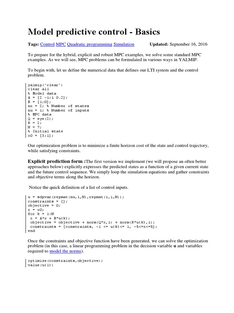 Model Predictive Control Using YALMIP Getting Started | PDF | Mathematical Optimization ...