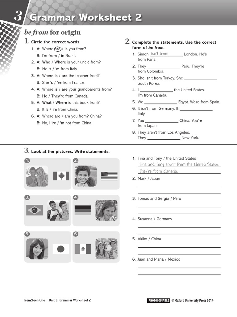 T2T - One - U3 - Grammarworksheet - 2 (1) Be From For Origin PDF | PDF