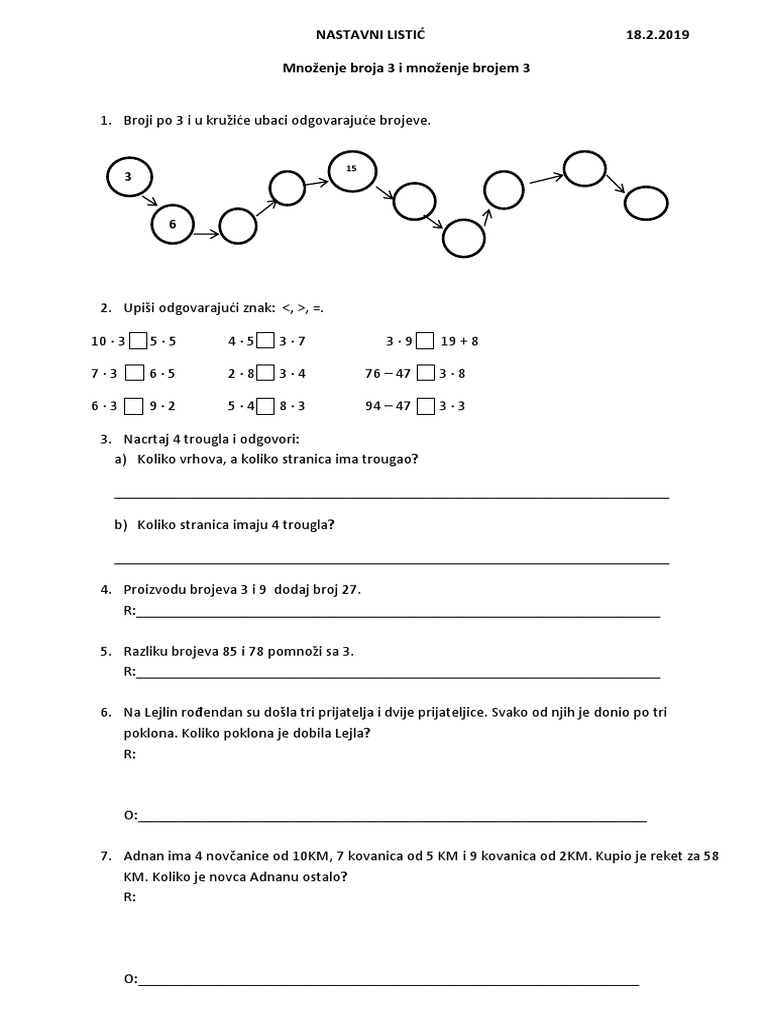 Množenje Brojem 3 Nastavni Listic | PDF