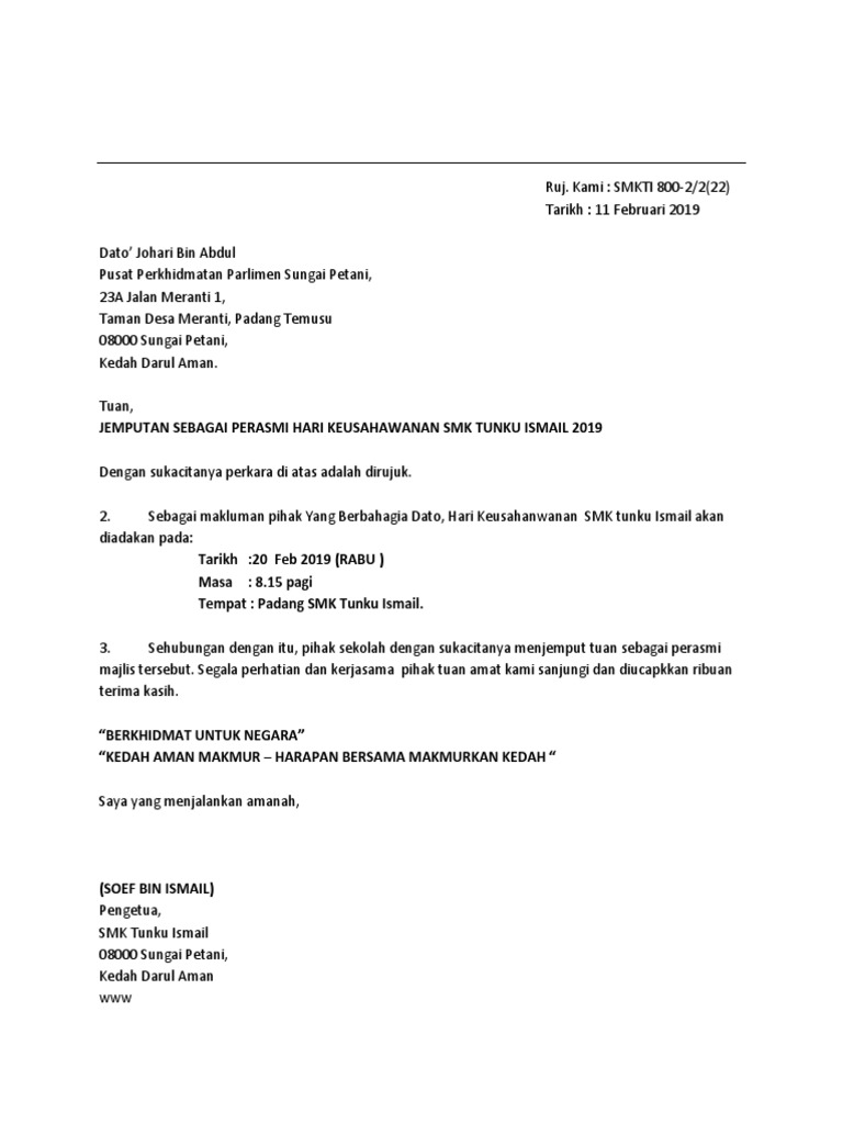 Surat Jemputan Perasmi Hari Keusahawanan | PDF