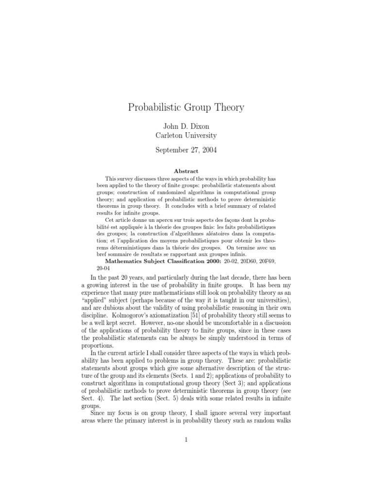 Probabilistic Group Theory: John D. Dixon Carleton University September 27, 2004 | PDF | Group ...