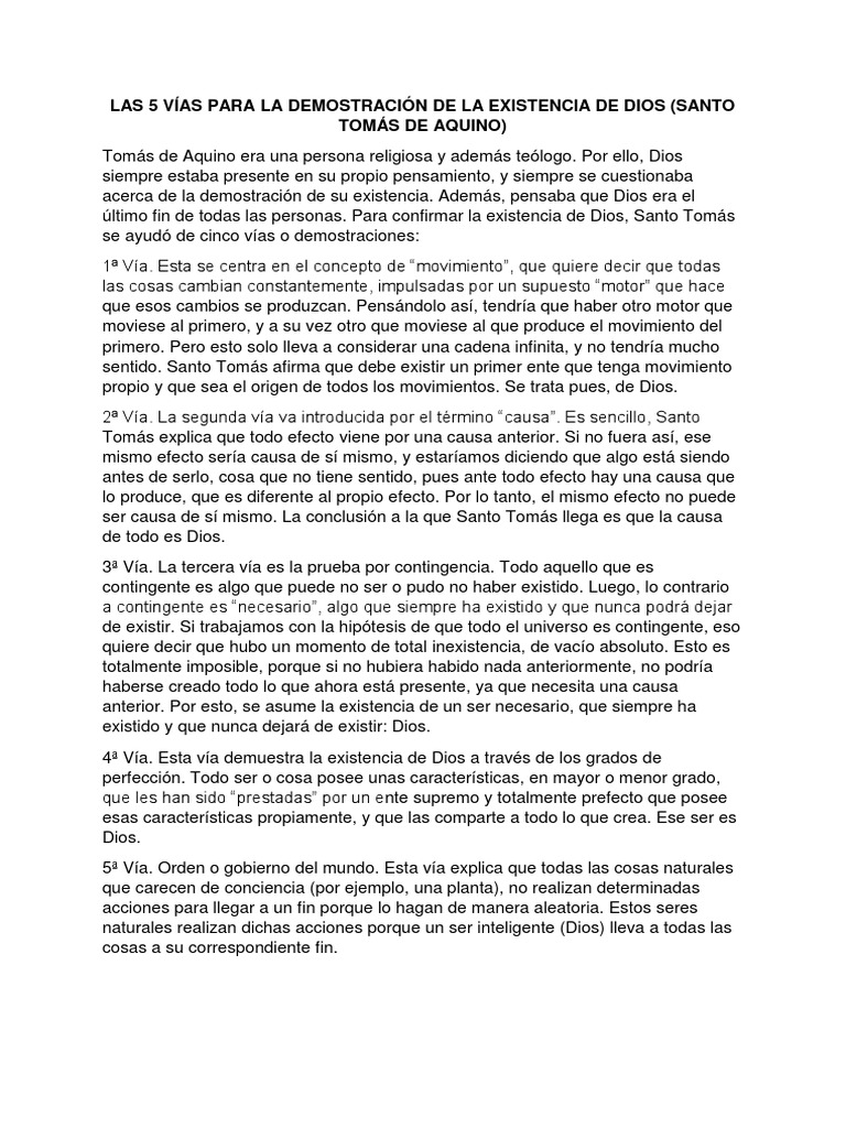 Las 5 Vías de Santo Tomás de Aquino para Demostrar La Existencia de Dios | PDF | Tomás de Aquino ...