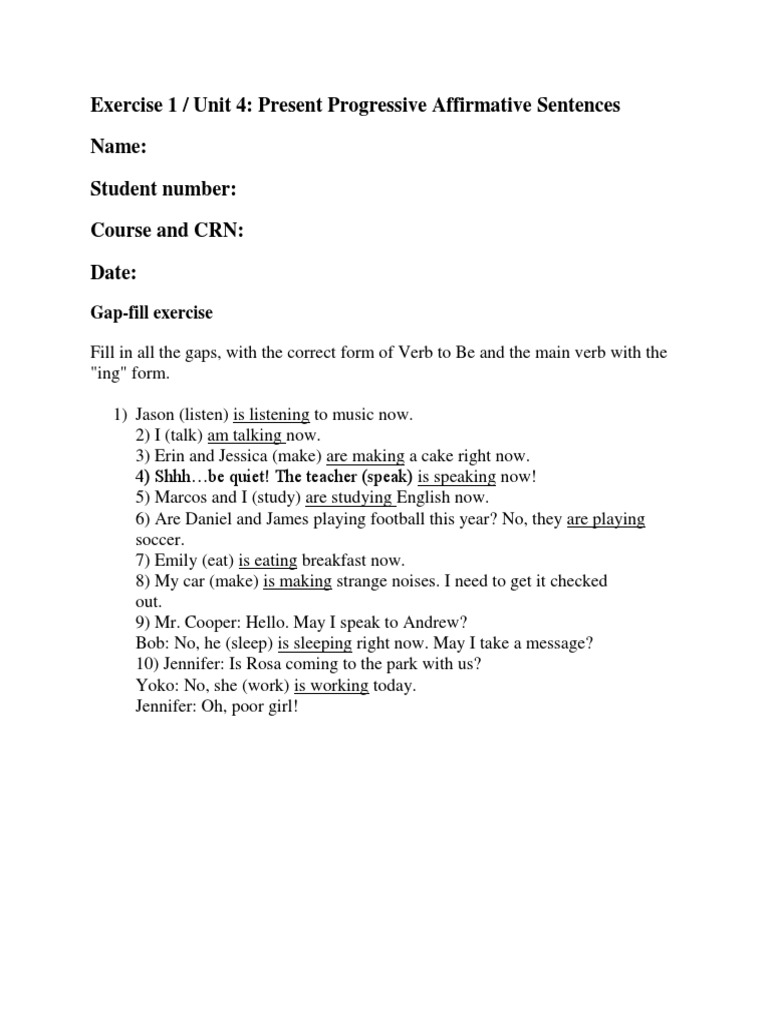 Exercise 1 / Unit 4: Present Progressive Affirmative Sentences Name ...