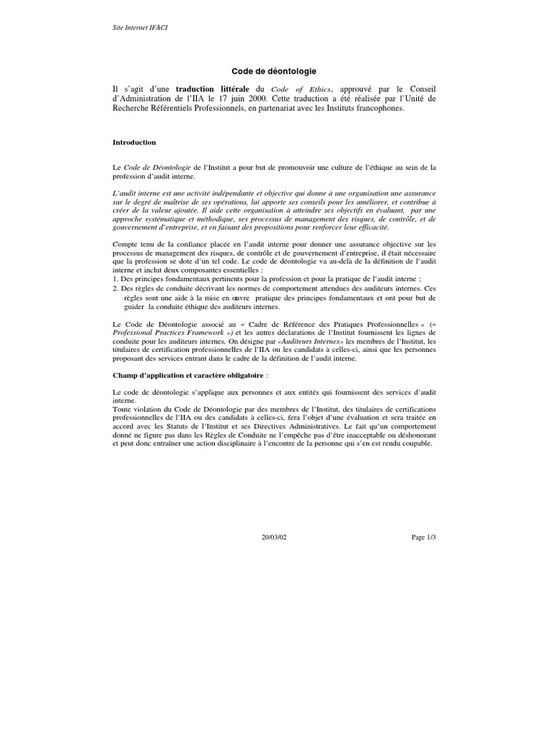 Code de Déontologie (Ifaci) PDF | PDF