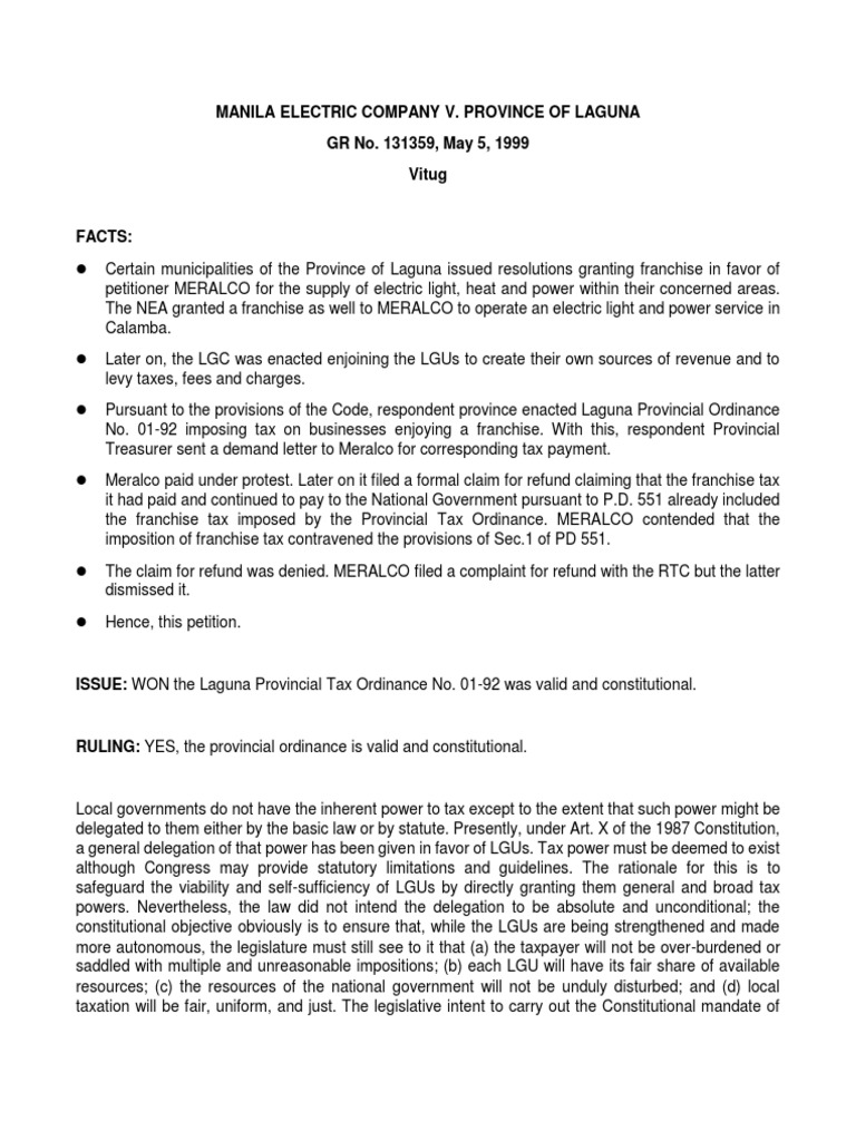 MERALCO V Province of Laguna | PDF | Taxes | Tax Exemption