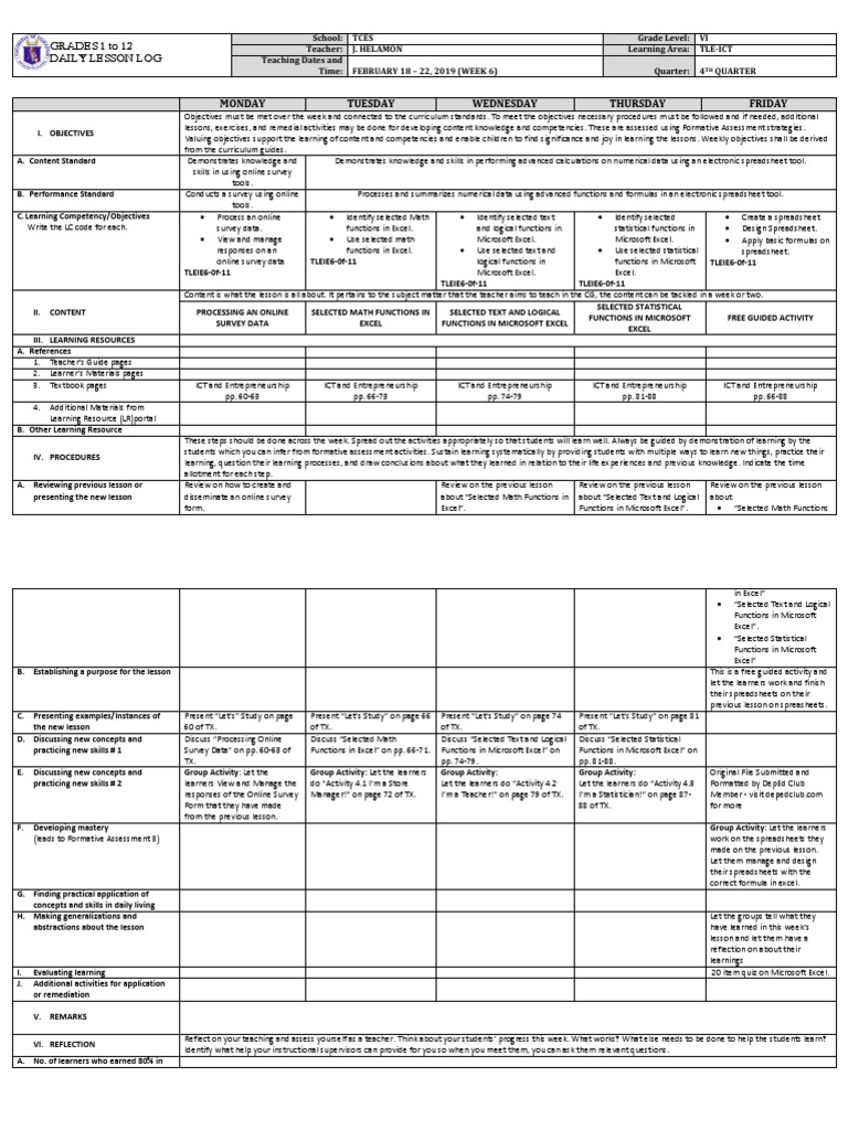 Dll Tle-ict 6 q4 w6 | Spreadsheet | Educational Technology Dll Tle-ict 6 q4 w6 | Spreadsheet | Educational Technology