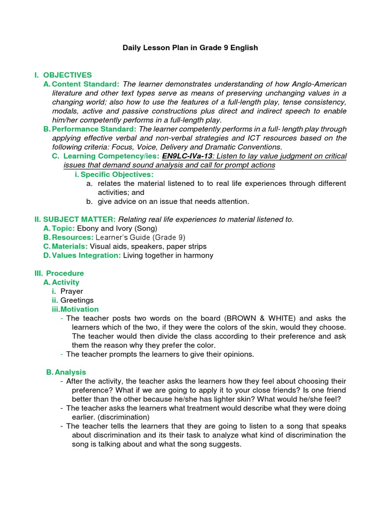 Daily Lesson Plan in Grade 9 English | PDF | Lesson Plan | Behavior ...