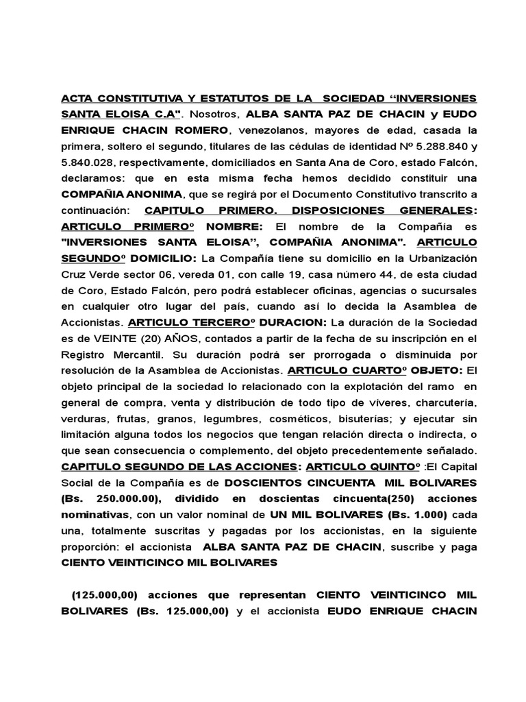 Acta Constitutiva Inversiones Santa Eloisa C.A. | PDF | Compartir (Finanzas) | Junta Directiva