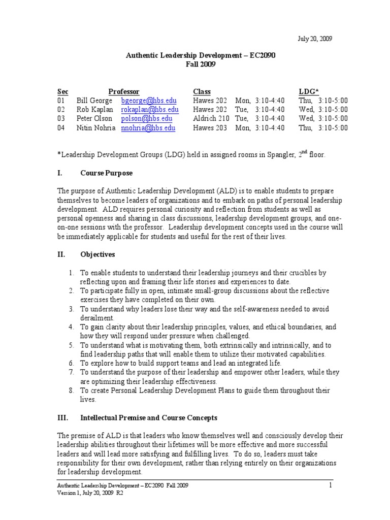 Harvard Business School Authentic Leadership Development Syllabus Fall ...